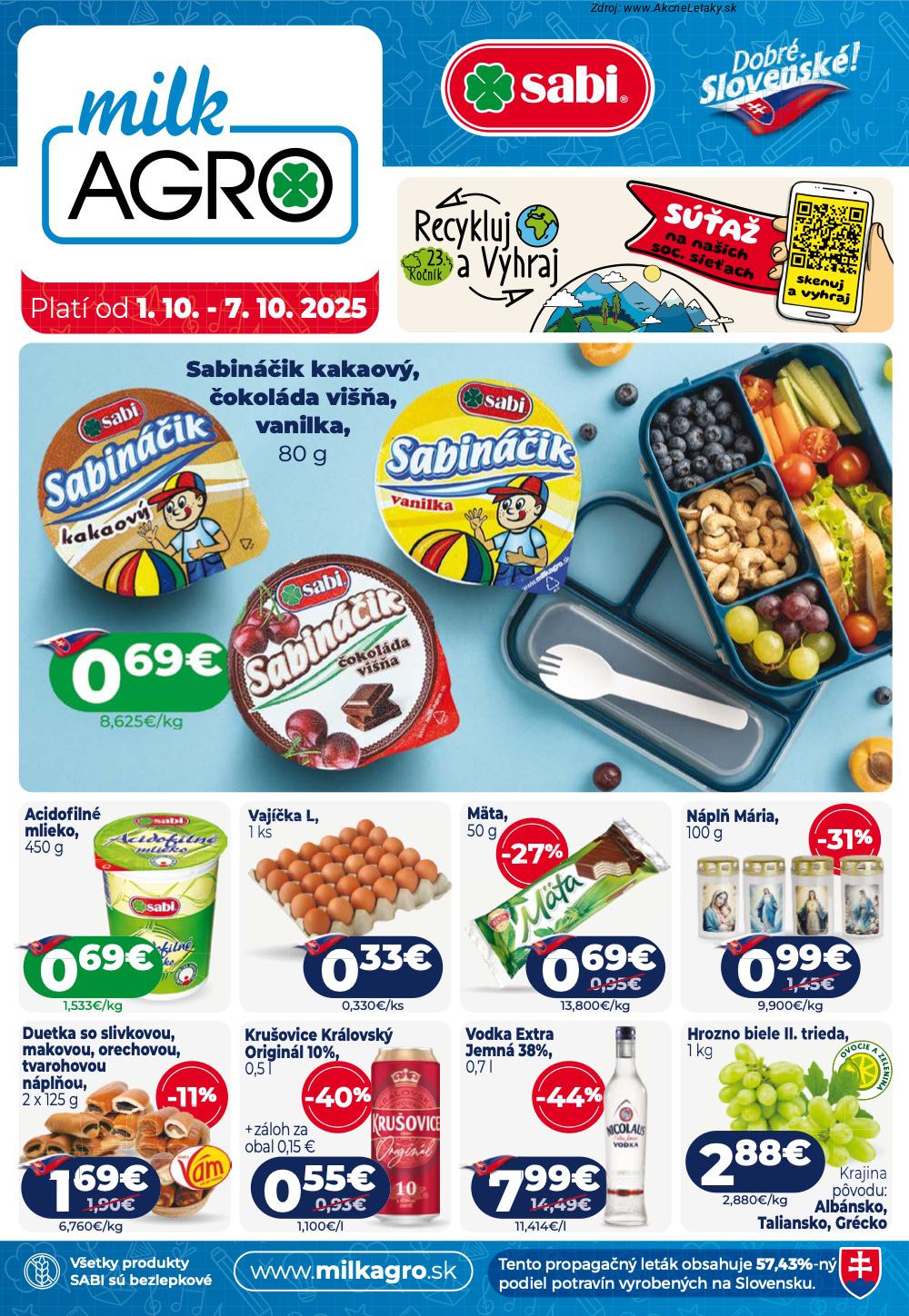 Milk-Agro leták - strana 1 | 1. 10. - 7. 10. 2025 | AkčnéLetáky.sk
